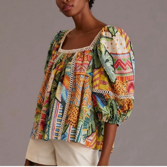 FARM Rio | Tops | Farm Rio X Anthropologie Lace Inset Peasant Blouse ...